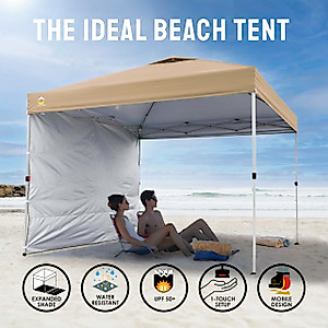 CROWN SHADES 10x10 Pop Up Canopy with 1 Side Wall - Beach Tent with One Push Setup - Outdoor Sun Shade for Events, Parties, Camping - Gazebo with STO-N-Go Cover Bag (Beige)