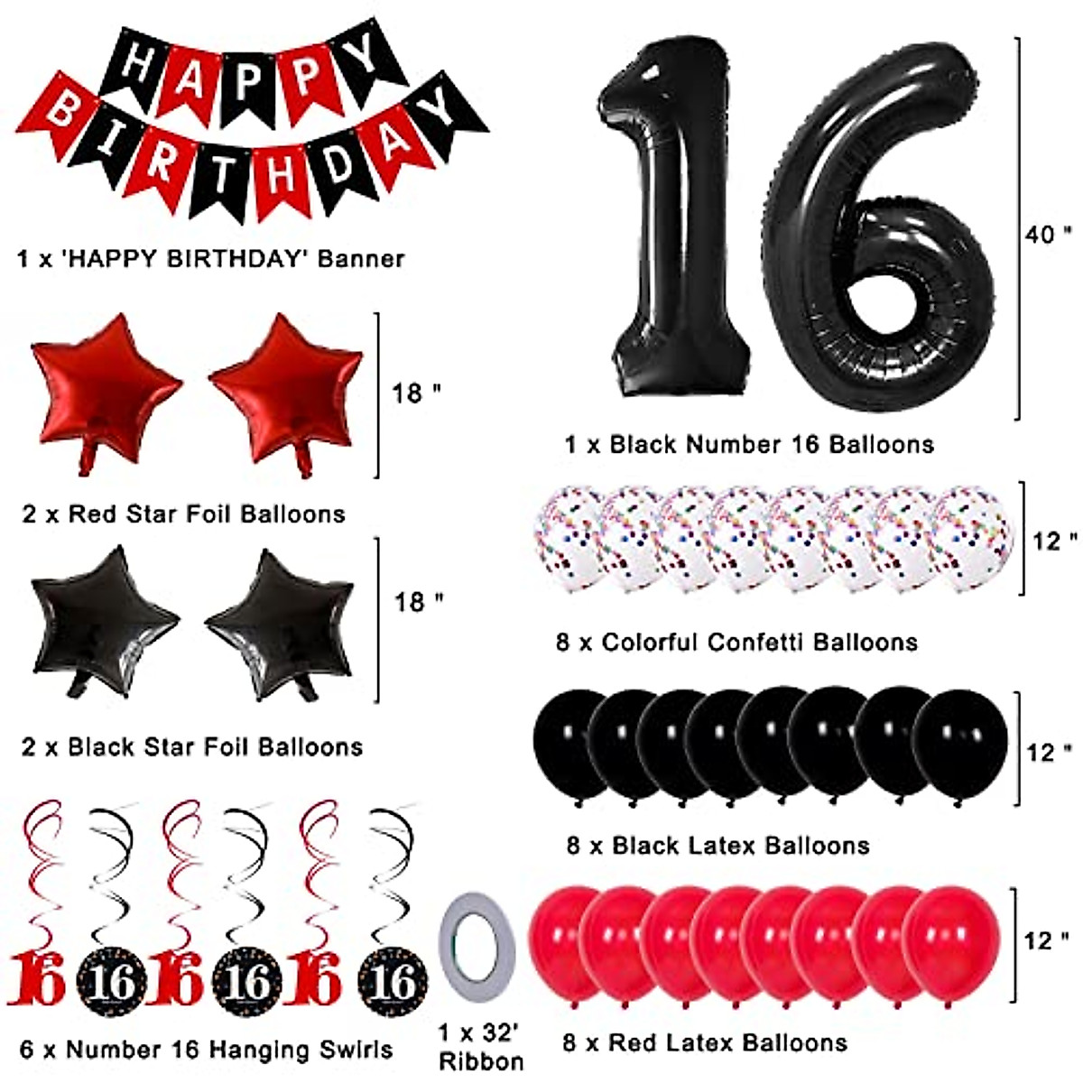16th Birthday Decorations for Boys, Red Black Happy 16th Birthday Party Balloons Supplies for Girls Teenager 16 Years Old Bday Decor HAPPY BIRTHDAY Banner Number 16 Balloons Spiral Pendants