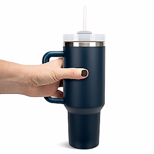 Elanze Designs Giraffe Growing Wildflower Animal Floral Motif 40 Oz. Stainless Steel Water Bottle Coffee Mug, Spill & Leak Resistant, Travel Tumbler with Handle, Lid & Straw, Navy Blue