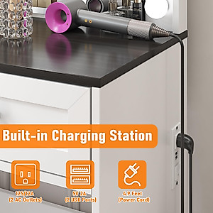 Makeup Vanity Desk with Mirror and Lights - 31.5'' White Vanity Set with Power Outlet & 2 Drawers, 3 Color Lighting Mode, Bedroom Small Space Vanity Table for Girl, Women, Storage Stool Included