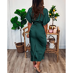 BTFBM Women 2024 Button Down Ruched Shirt Dresses Short Sleeve Lapel V Neck Elegant Party Spring Summer Maxi Satin Dress(Short Sleeve Dark Green, Large)