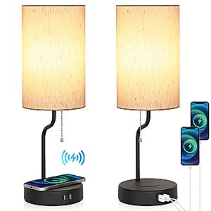 Wireless Charging Bedside Lamps with 2 USB Ports, Set of 2 Table Lamps for Bedroom, Modern Nightstand Lamps, Desk Lamps with E26 Socket Round Fabric Lampshade for Living Room Office Reading Working