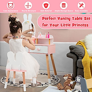 FIREFLOWERY Kids Vanity, Kids Vanity Table and Chair Set with Mirror & Storage Shelf, Princess Dressing Table, Toddler Makeup Vanity, Girls Vanity with 2 Large Drawers (White)