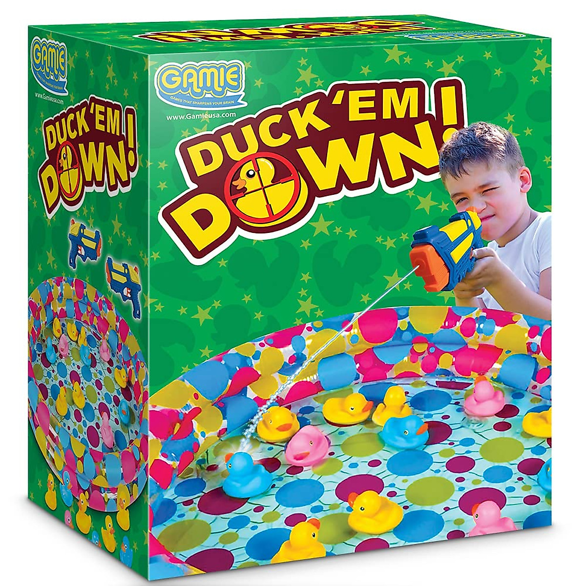 Gamie Duck’em Down Shooting Game, Carnival Duck Pond Game with 1 Inflatable Pool, 2 Water Guns, and 20 Ducks, Backyard Games for Kids, Outdoor Summer Toys, and Carnival Theme Party Decorations