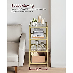VASAGLE Bookcase, 4-Tier Bookshelf, Slim Shelving Unit for Bedroom, Bathroom, Home Office, Tempered Glass, Steel Frame, Gold Color ULGT28G