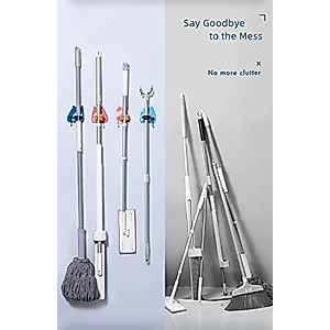 2- Pack Mop and Broom Holder Wall Mount with 1 Hook, Self Adhesive No Drilling Mop Hanger , Tool Organizer for Garage Orange & Blue CATH Cat Mop and Broom Holder
