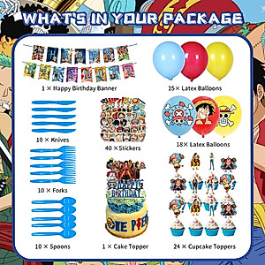224Pcs Anmie Birthday Party Supplies, Anmie Birthday Party Decorations for 10 Guests, Include Banner, Cake & Cupcake Topper, Swirls, Backdrop, Tablewares, Balloons and Stickers for Kids Party Favors