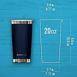 BluePeak Double Wall Stainless Steel Insulated Tumbler Set, 2-Pack, Includes Sipping Lids, Spill-Proof Sliding Lids, Straws, Cleaning Brush & Gift Box (20oz, Navy)