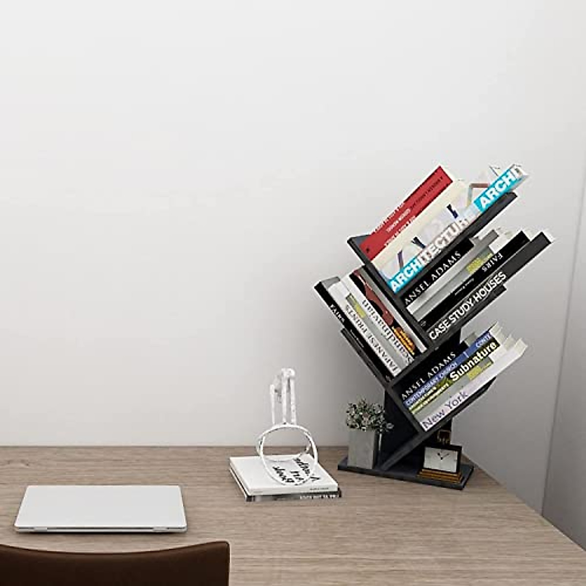 HUAWIND Small Bookshelf Tree Bookshelf,Desktop Book Organizer,5-Tier Floor Standing Bookcase,Can Place Books,Magazines and CDs (Black)