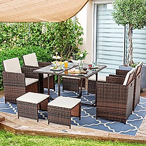 Vongrasig 9 Piece Small Patio Dining Set, Outdoor Space Saving PE Wicker Dining Patio Furniture Conversation Set w/Glass Patio Dining Table & Cushioned Rattan Chairs for Lawn Garden Backyard (Beige)