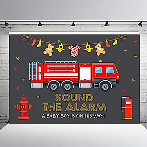 MEHOFOND Fire Truck Boy Baby Shower Photo Backdrop Firetruck Sound The Alarm Firefighter Little Fireman Red and Black Party Decorations Photography Background Banner for Dessert Table Supplies 7x5ft