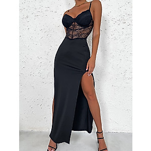 SOLY HUX Women's Sexy Lace Trim Split Hem Spaghetti Strap Cami Dress Long Maxi Dresses Solid Black L