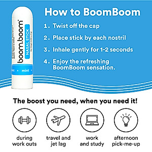 BoomBoom Nasal Stick (4 Pack) | Vapor Flow Technology | Better Breathing + Natural Focus | Cool Refreshing Sensation | Premium Essential Oils + Menthol Inhaler (Mint, Wintermint, Tropical, Lavender)