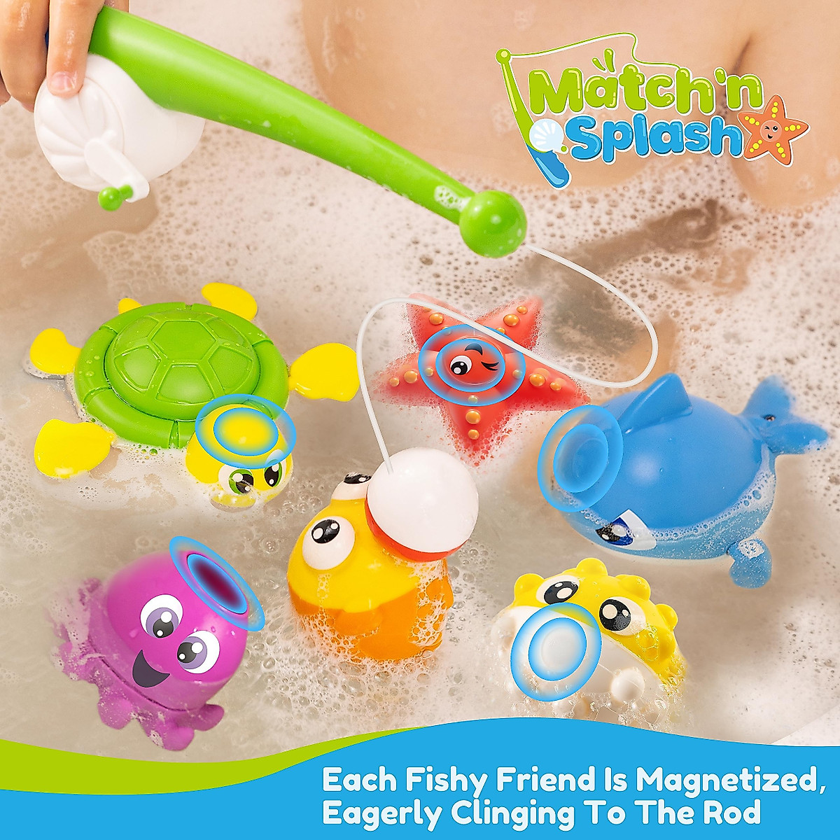 JOYIN Baby Bath Toy Set - Magnetic Fishing Toy with Fishing Rod, Soft Puffer & Clown Fish, Spinning Octopus and Starfish, Wind-up Shark and Turtle - Sensory Development for Infants & Toddler