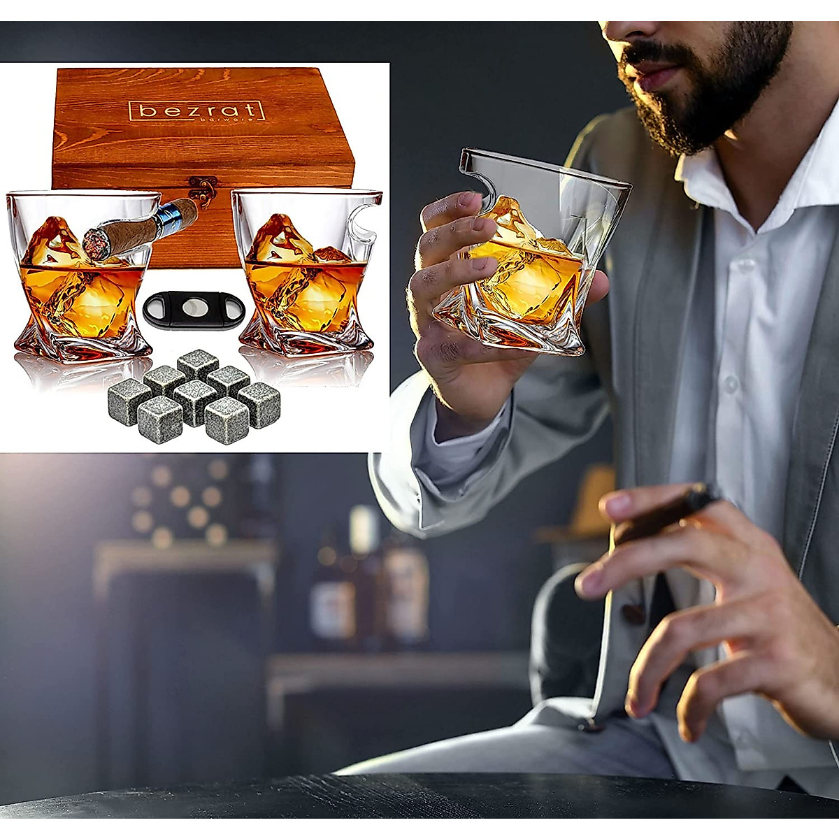 Bezrat Whiskey Cigar Glasses Gift Set - with Side Mounted Cigar Rest - Whisky Chilling Stones and accessories in Wooden Box - Scotch Bourbon Christmas Gift for Dad, Husband, Fathers Day, Birthday