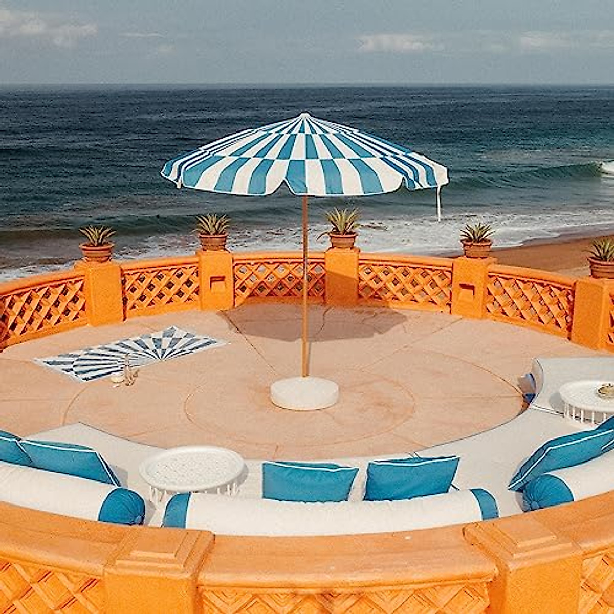 Business & Pleasure Co. Amalfi Umbrella - 7.2' Boho Beach Umbrella - Large & Sturdy Yet Lightweight - UPF 50+ UV-Resistant Canvas, Classic Spiral Blue