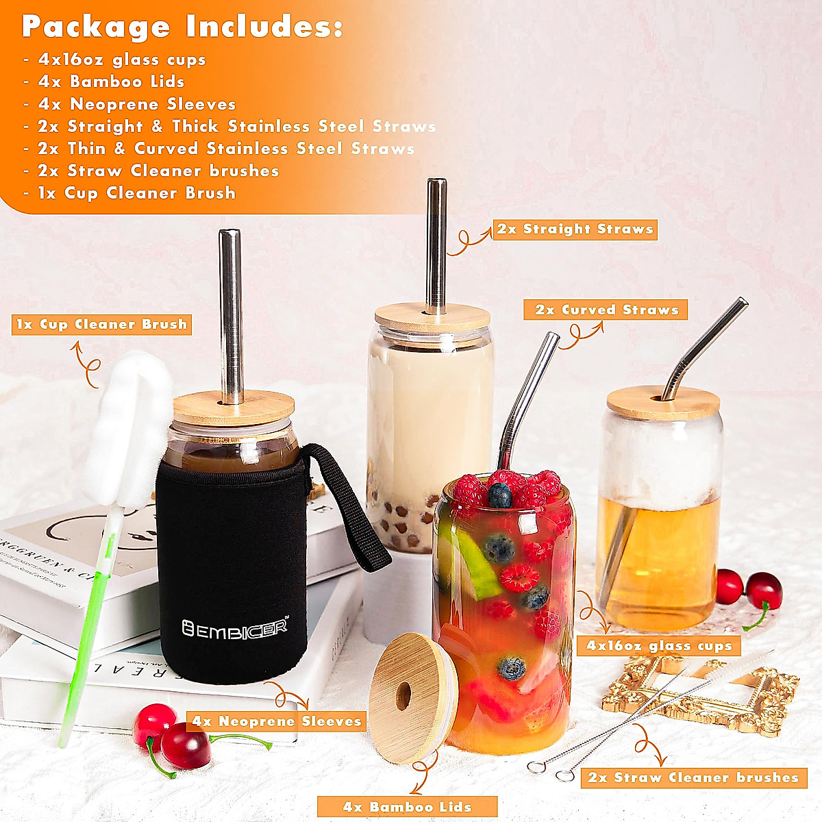 EMBICER Glass Cups with Lids and Straws – Set of 4 16Oz Mason Jar Drinking Glasses with Neoprene Sleeves – Premium Glass Cups with Bamboo Lids, Reusable Straw – Ideal for Iced Tea, Lemonade, Cocktail