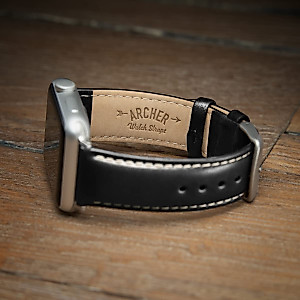 Archer Watch Straps - Top Grain Leather Watch Bands for Apple Watch (Black/Natural White Thread, Matte Silver Hardware, 42/44/45/49mm)