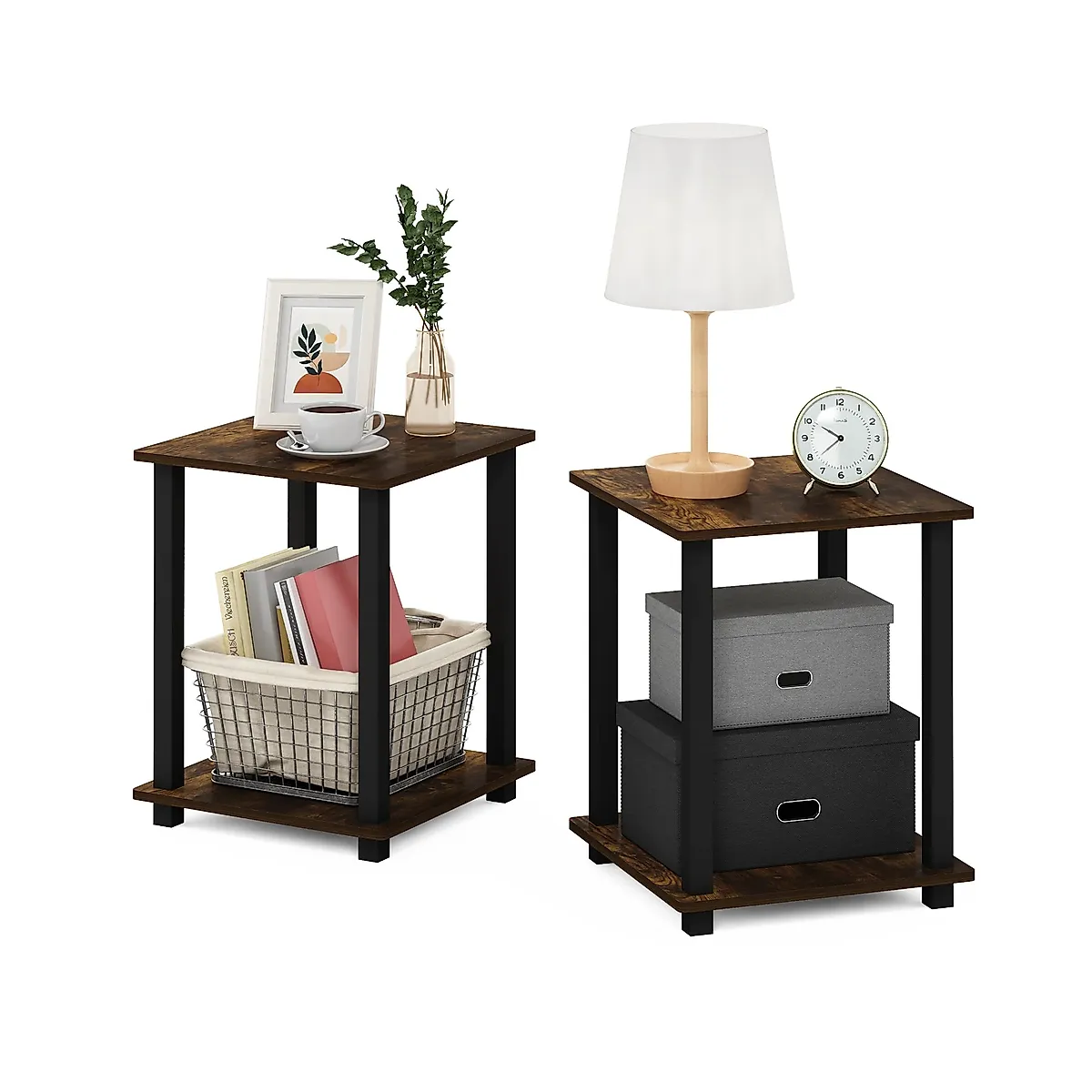 Furinno Simplistic Set of 2 End Table, 2-Pack, Amber Pine/Black