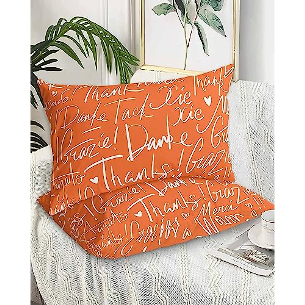 Edwiinsa Orange Pillow Covers Standard Size Set of 2 Bed Pillow, Farmhouse Modern White Thanks Words Plush Soft Comfort for Hair/Skin Cooling Pillowcases with Envelop Closure 20''x26''