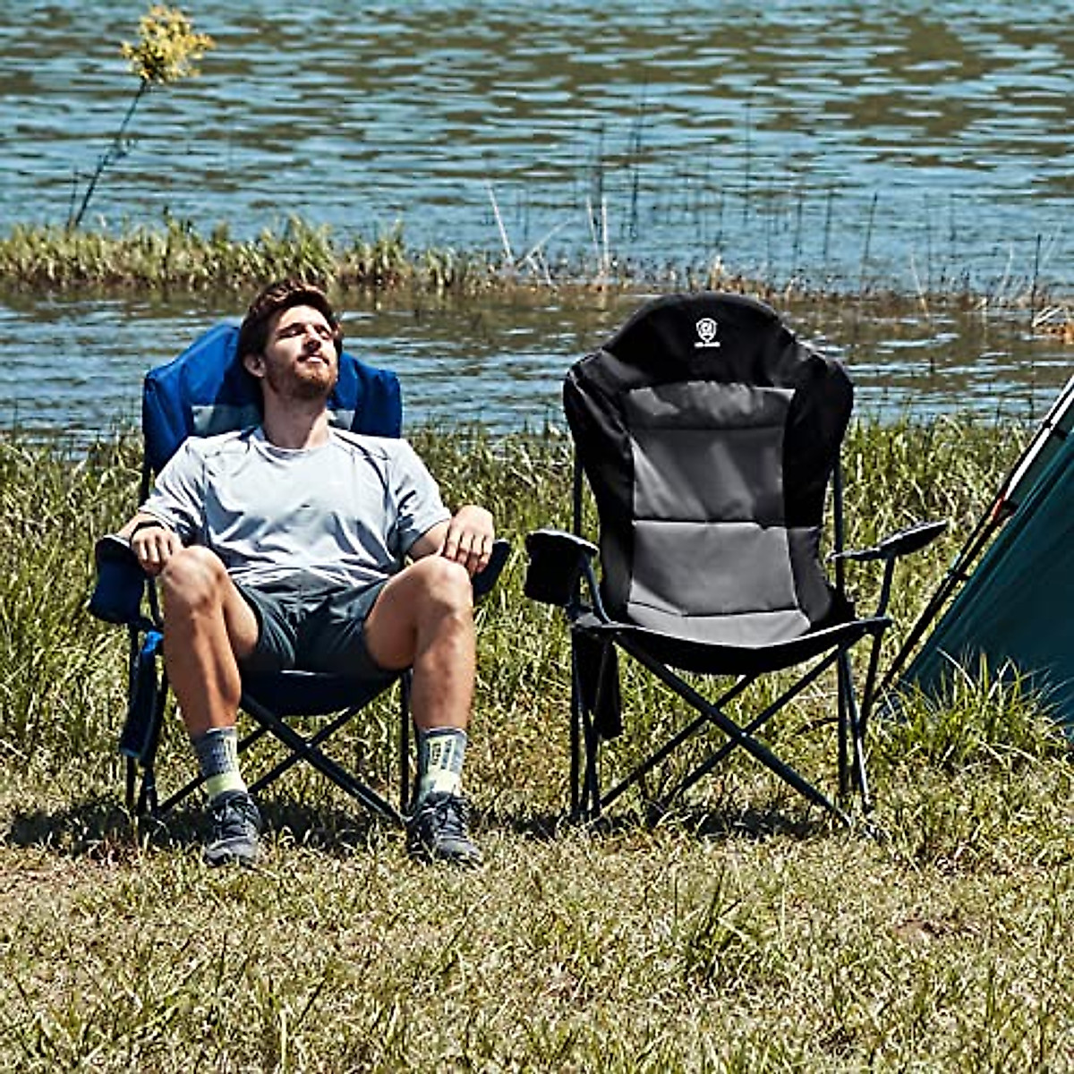 EVER ADVANCED Folding Camping Chair for Outside with High Back Padded Oversized Lawn Chairs Folding Lightweight Sturdy Steel Portable Outdoor Camp Chair for Adults