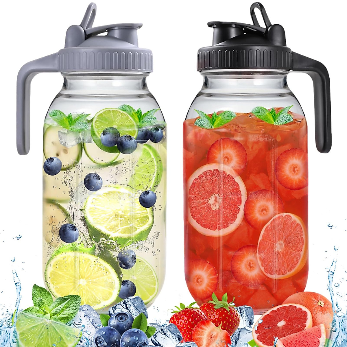 2 Pack 64 oz Pitcher With Lid, Glass Pitcher With Lid, Leak-Proof Airtight Mason Jar Pitcher, Sun Tea Jar, Glass Pitcher, Sun Tea Pitcher for Ice Tea, Cold Brew Coffee, Breast Milk, Juices