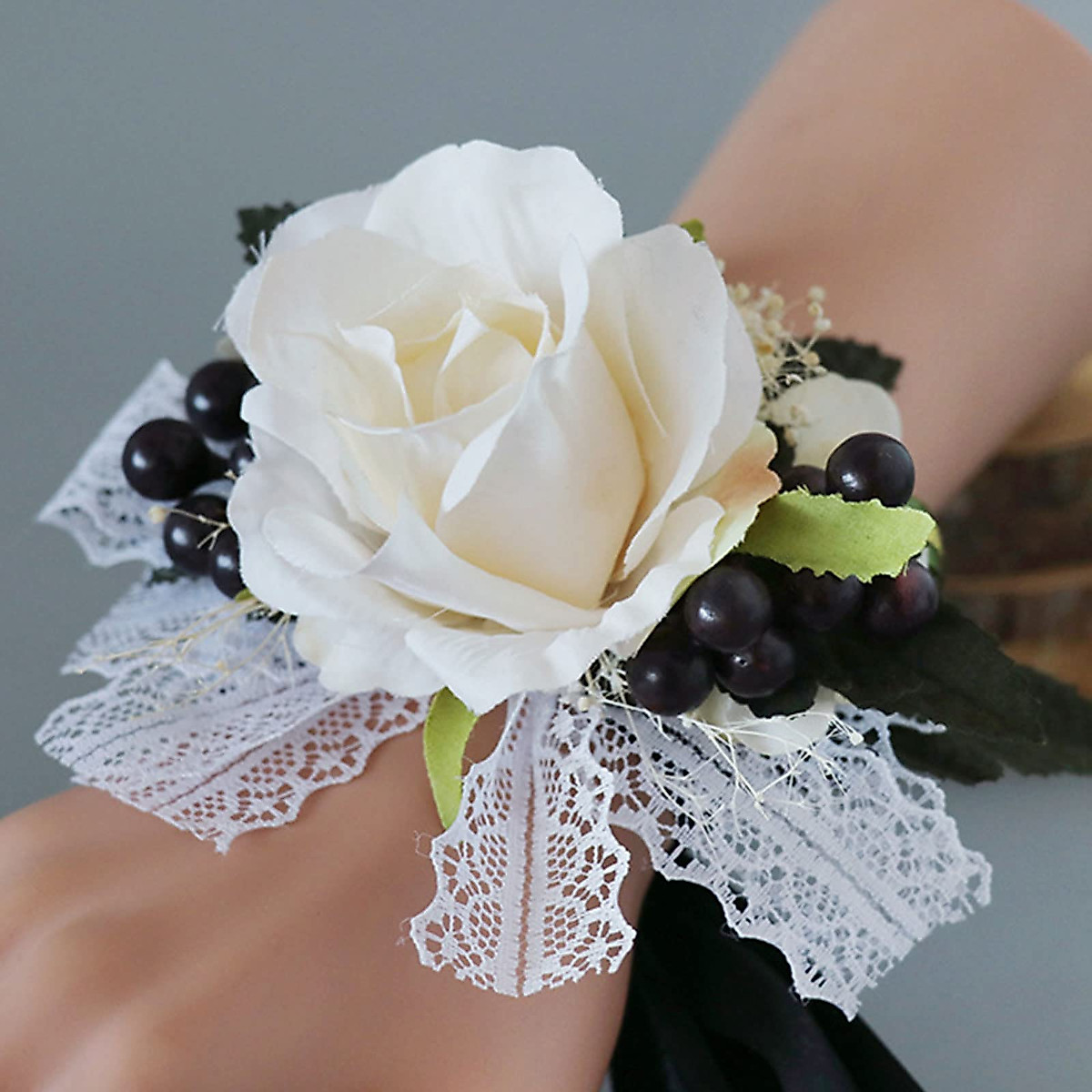 Firlar 2 PCS Wedding Wrist Flower and Mens Corsage, Artificial Ivory Rose Flower Wrist Corsage and Boutonniere Set, Bride Wristlet Band Bracelet and Men Boutonniere Set for Wedding Party Prom Suit