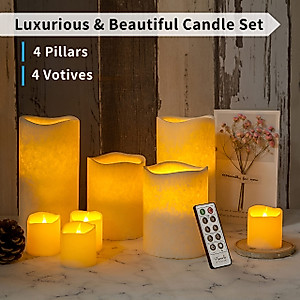 Furora LIGHTING Ivory Crystallized Real Wax Flickering Candles with Remote and Timer, 4 Pillars and 4 Votives Pack of 8 for Home Décor, Battery Included