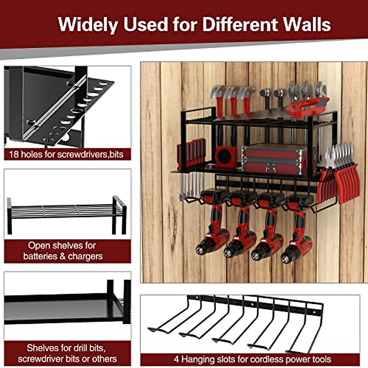 YS YARSHUNG Power Tool Organizer, Upgrade Garage Tool Organizers and Storage with Stainless Steel Plate, Drill Holder Wall Mount, Heavy Duty Metal Tool Shelf for Cordless Drill with Removable Design