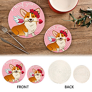 Valentine's Day Corgi Dog Pot Holders for Kitchen Cotton Round Holder Set of 2 Heat Resistant Thread Weave Trivet Cotton Hot Pads for Kitchen Home Decor