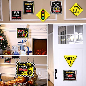 12 Pieces Racing Signs Race Car Party Decorations, 9.8-11.8 Inch Laminated Car Racing Decoration, Traffic Signs Cutouts, Road Racing Themed Party Signs, Racing Cutouts with 40 Glue Point Dots