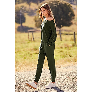 PRETTYGARDEN Women's Spring Fall Fashion Outfits 2 Piece Sweatsuit Long Sleeve Pullover Long Pants Ribbed Matching Lounge Set (Army Green,Large)