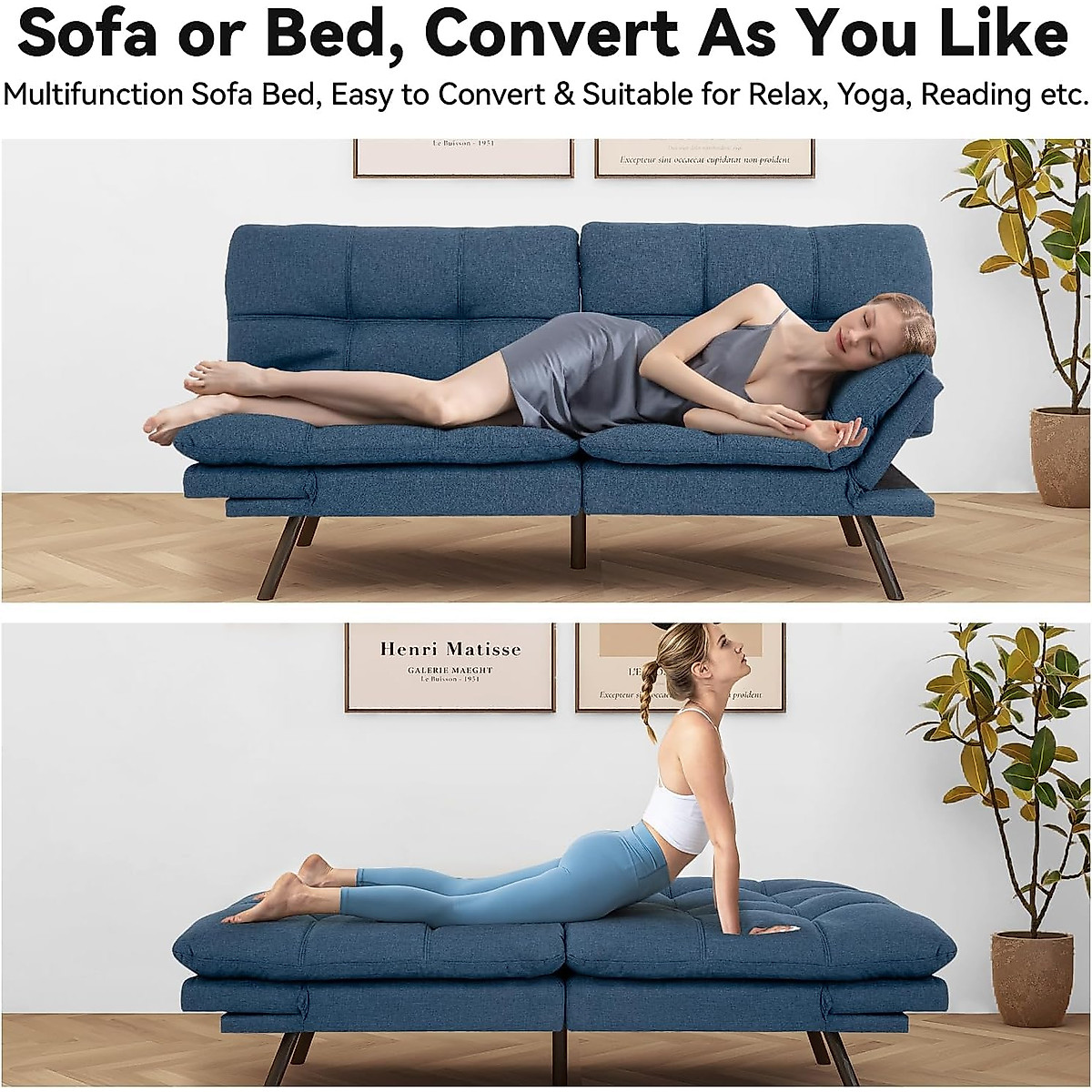 Sunny Heart 71" Futon Sofa Bed Memory Foam Linen Fabric Couch Bed, Convertible Modern Loveseat Sleeper with Adjustable Backrests and Armrests for Living Room, Office, Apartment,Blue