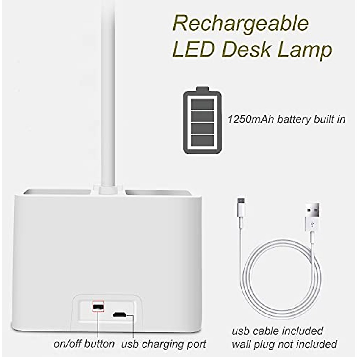 LED Desk Lamp with Pen & Phone holder, USB Rechargeable Book Reading Light,Eye-Caring Study Lamp for Kids, Touch Table Lamp with Flexible Gooseneck for Home,Office,3 Color Modes & Stepless Dimming