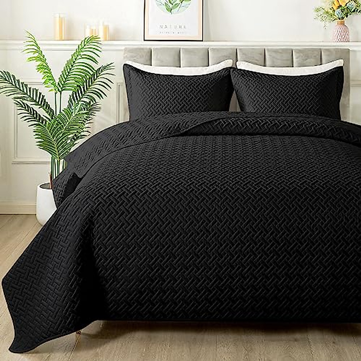 HYLEORY Quilt Set Full Queen Size - Soft Lightweight Quilts Summer Quilted Bedspreads - Reversible Coverlet Bedding Set for All Season 3 Piece (1 Quilt, 2 Pillow Shams) - Black