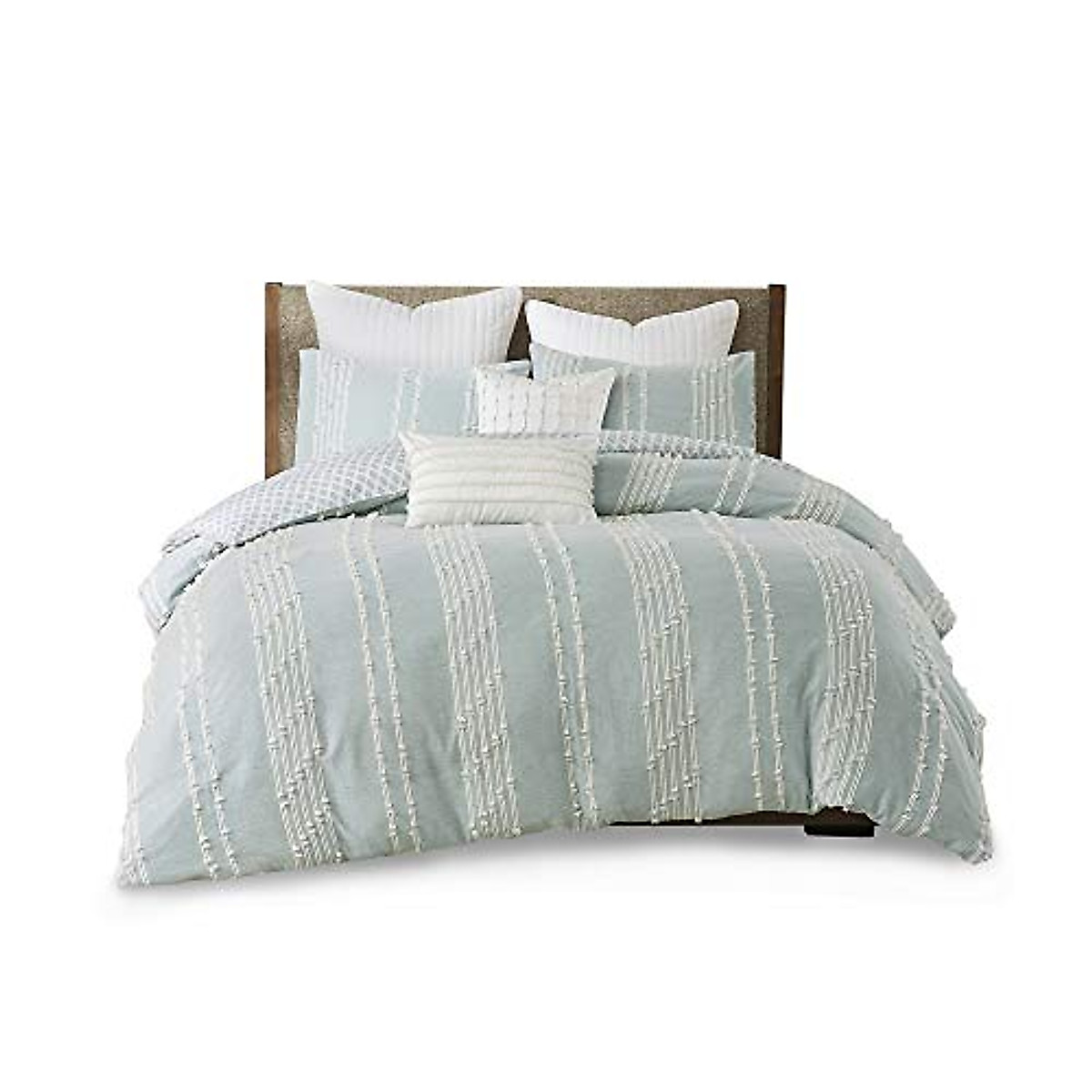 INK+IVY Kara 100% Cotton Duvet Mid Century Modern Design, All Season Comforter Cover Bedding Set, Matching Shams, King/Cal King, Jacquard Stripes Aqua 3 Piece