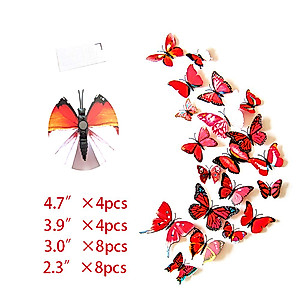 FOVSHNG 24PCS 3D Butterfly Wall Decor Butterflies Decals Removable Butterfly Wall Stickers for Girls Kids Bedroom and Room Decoration Mural Red