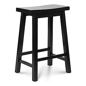 PJ Wood 24 Inch Single A Frame Classic and Modern Comfortable Wooden Bar Stool Saddle Seat with Built in Bars as Footrests, Black