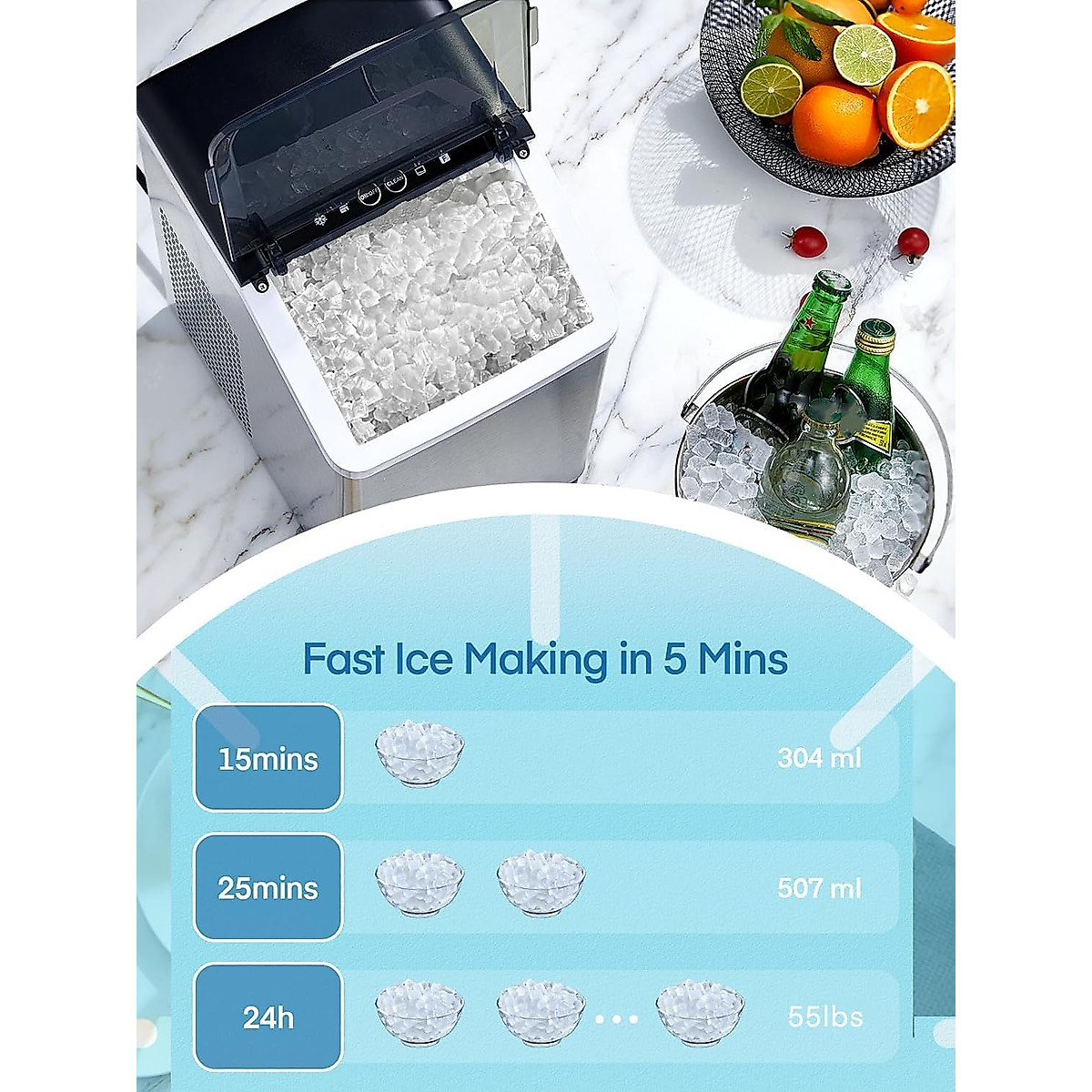 Nugget Ice Maker Countertop, 55lbs/24H Tooth-Friendly Soft Chewable Pebble Ice Machine, Self-Cleaning with Drainpipe, Crushed Pellet Ice Makers for Home Kitchen Party, Stainless Steel