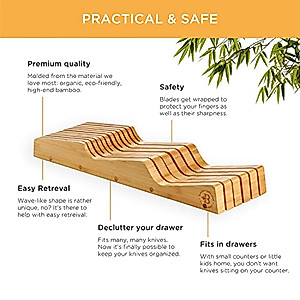 In-Drawer Knife Block Organizer - Bamboo Wood Drawer Knife Organizer - Holds 5 Long + 6 Short Knives (Not Included) - Store Knives with Blades Pointing Down