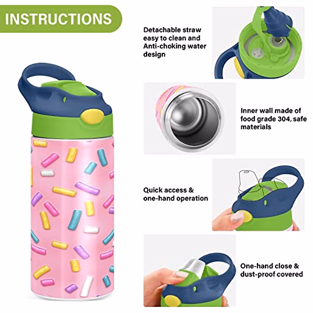 Kigai Pink Donut Glaze Kids Water Bottle, BPA-Free Vacuum Insulated Stainless Steel Water Bottle with Straw Lid Double Walled Leakproof Flask for Girls Boys Toddlers, 12Oz