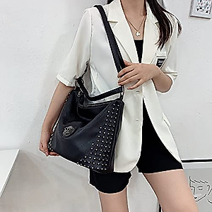 Downupdown Women Handbag PU Leather Shoulder Bag Skull Rivet Tote Bag Crossbody Bag with Long Shoulder Strap-Rivet