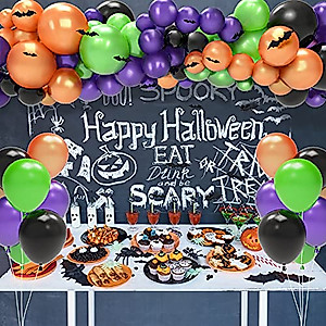 Bonropin Halloween Balloon Garland Arch kit with Black Orange Green Purple Balloons Spider Balloons, Long Balloons, 3D Bat Sticker for Halloween Theme Party Background Classroom Decorations