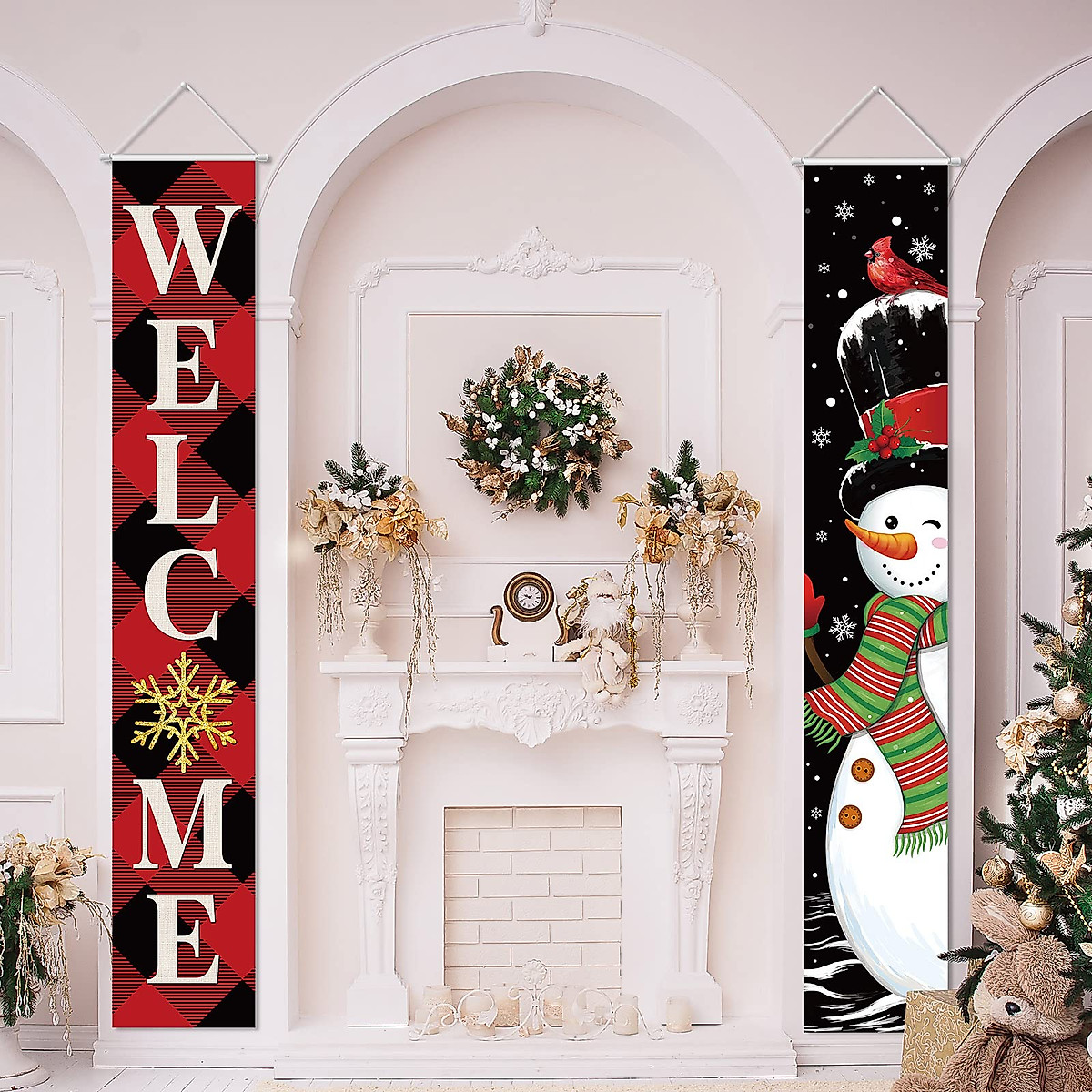 Christmas Porch Signs Snowman Christmas Decorations Supplies Merry Christmas Hanging Flags Welcome Winter Door Banners for Holiday Home Indoor Outdoor Wall Xmas Decor
