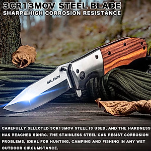 Wlikn Pocket Folding Knife Gentleman’s Folding Knife, EDC Knife for Women and Men, Wood Handle Sharp Blade, Survival Tactical Knife for Hunting Fishing Hiking, Camping Knife Hunting Knife with Liner Lock