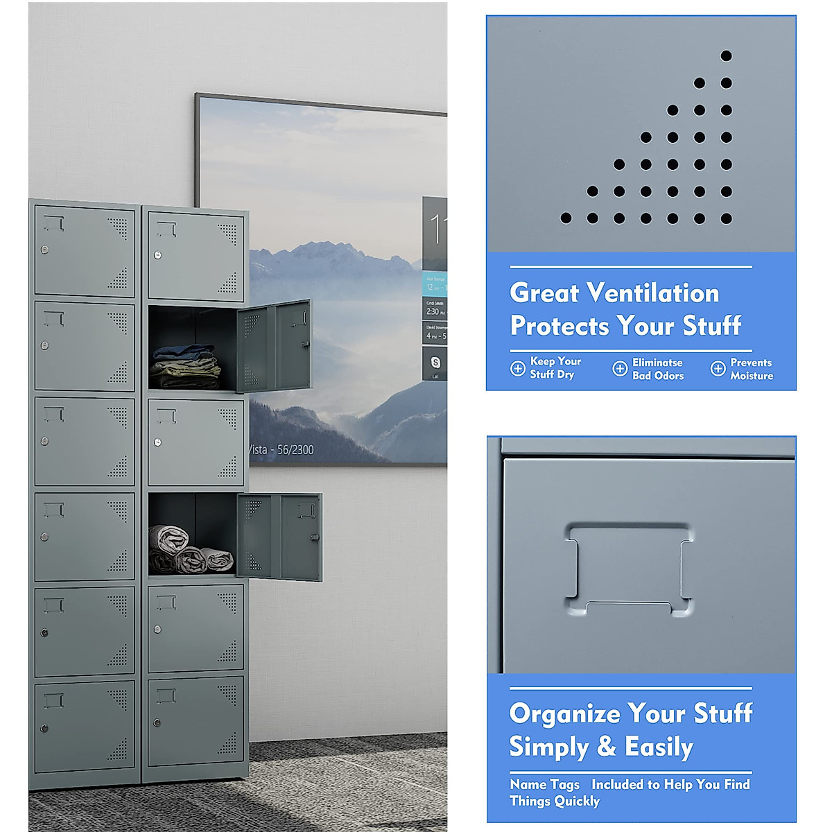 Yizosh Metal Locker with 6 Doors, Tall Steel Storage Lockers for Employees - 71" Locker Storage Cabinets for School, Gym, Home, Office, Garage (Grey)