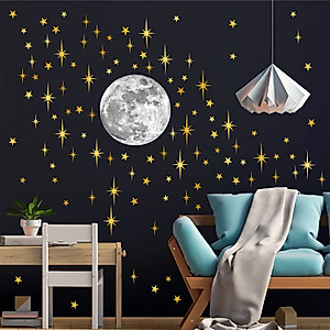 Moon and Stars Wall Decal Moon Wall Sticker Gold Star Decals Peel and Stick Wall Stickers Mural for Kids Baby Room Nursery Wall Decor Vinyl Star for Ceiling Wall Decals for Bedroom Playroom Decoration