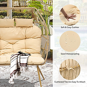 YITAHOME Hanging Egg Swing Chair with Stand Egg Chair Wicker Indoor Outdoor Hammock Egg Chair with Cushions 330lbs for Patio, Bedroom, Garden and Balcony, Beige
