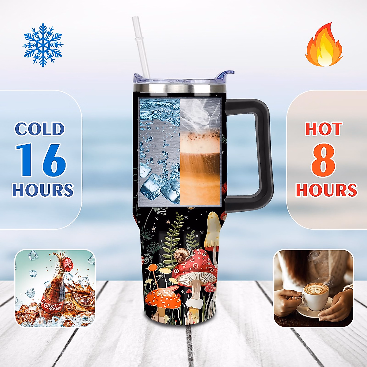 thmasamwr Mushroom Tumbler with Lid and Straw, Stainless Steel Mushroom 40oz Tumbler with Handle, Black Mushroom Travel Coffee Mug Mushroom Gifts Cups for Women and Men