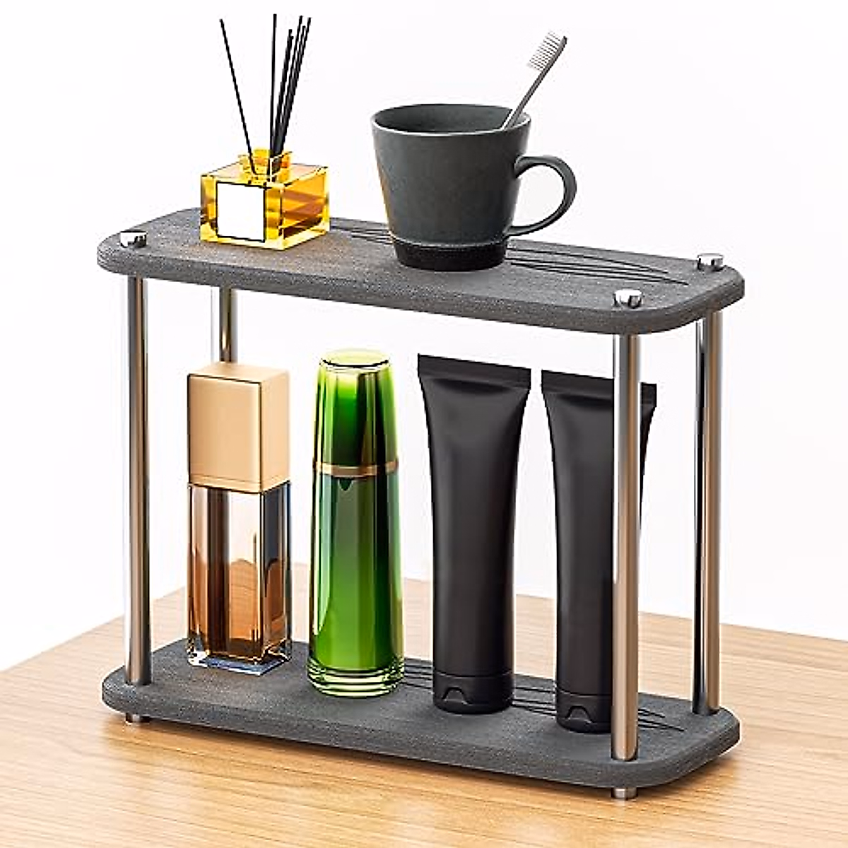 Suewidfay Kitchen Sink Caddy Tidy Organizer, Instant Quick Fast Drying Diatomaceous Earth Sink Absorbing Stone Sponge Holder, Toothbrush Holder, 2-Tier, Grey